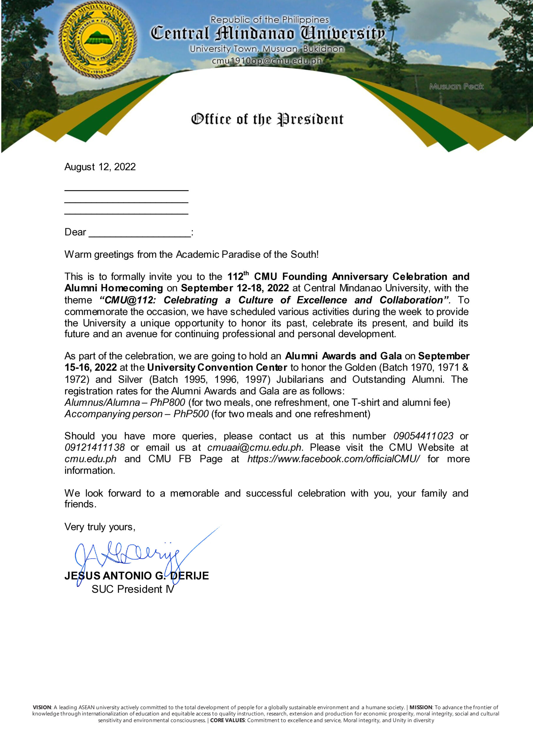 Invitations for Individual Alumni and Heads of Offices to the 112th CMU ...