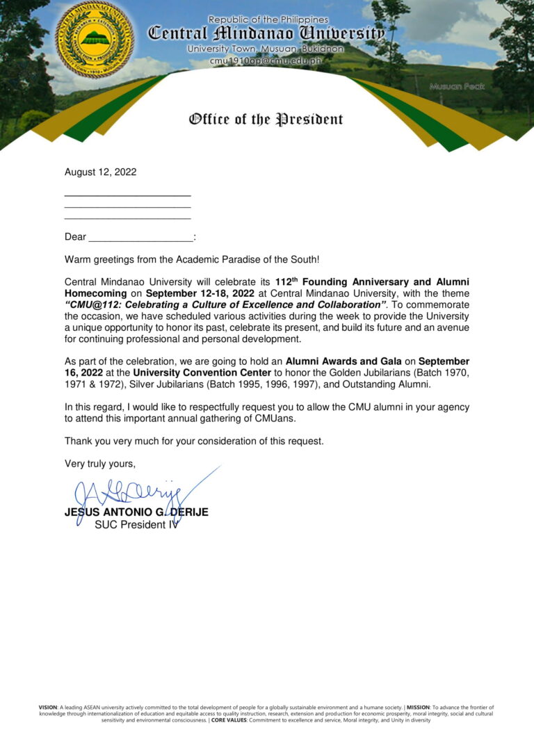 Invitations for Individual Alumni and Heads of Offices to the 112th CMU ...