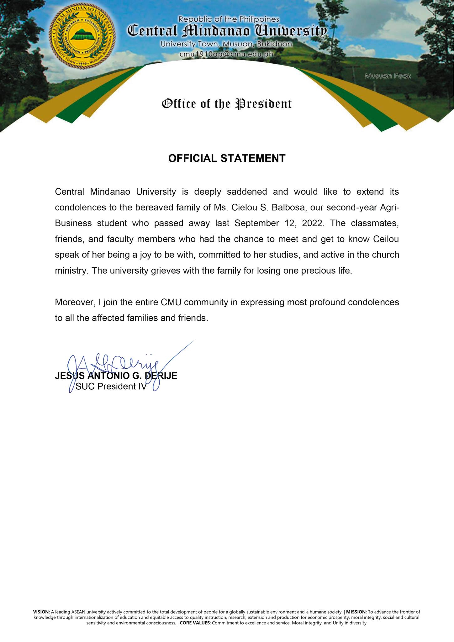 Official Statement – Central Mindanao University