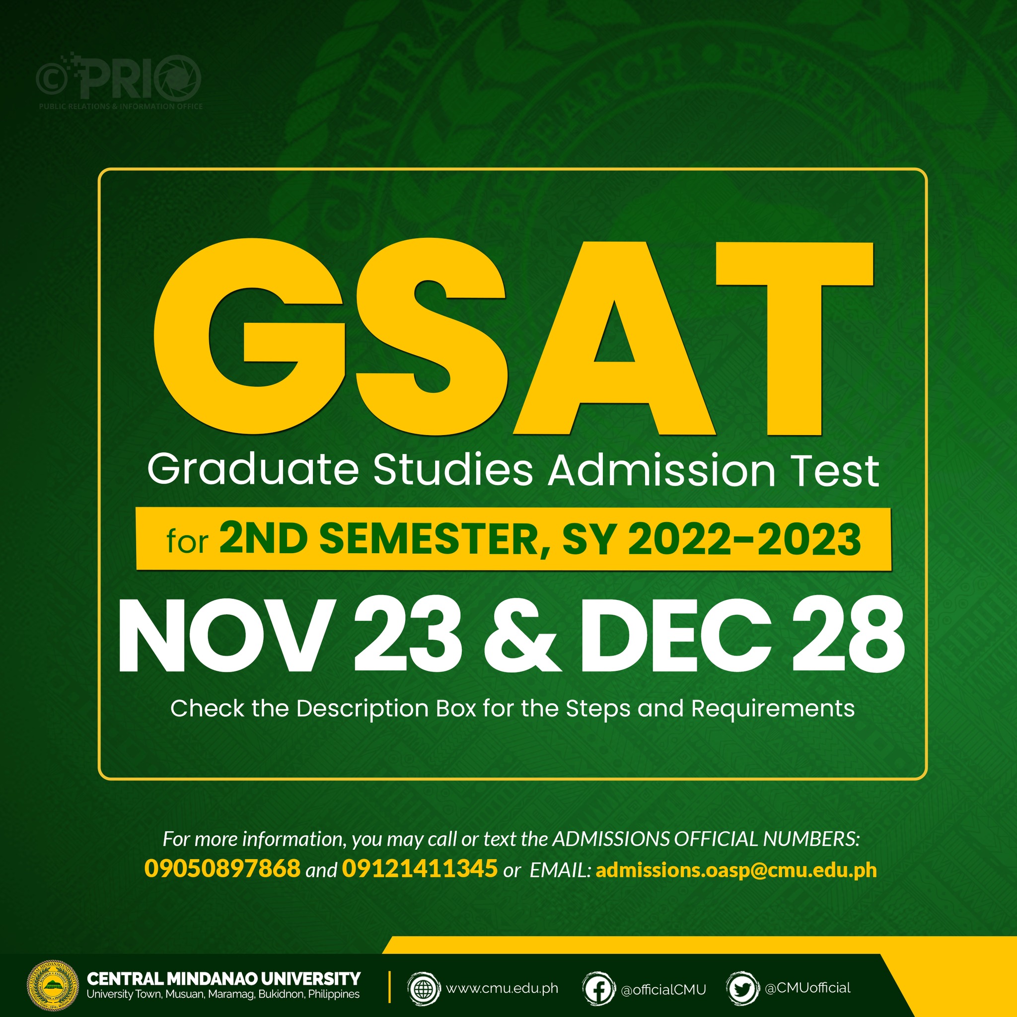 [ANNOUNCEMENT] Graduate Studies Admission Test (GSAT) for 2nd Semester ...