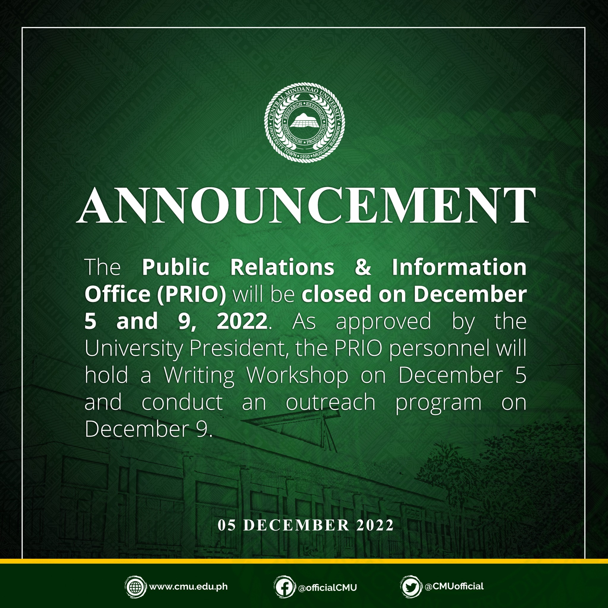 [ANNOUNCEMENT] The Public Relations & Information Office (PRIO) will be ...