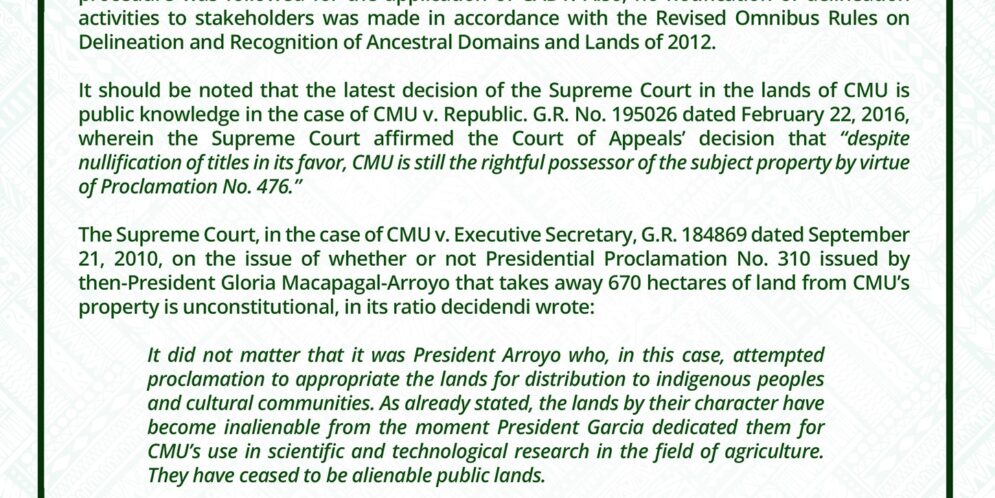 OFFICIAL STATEMENT OF CENTRAL MINDANAO UNIVERSITY ON THE ALLEGED ...