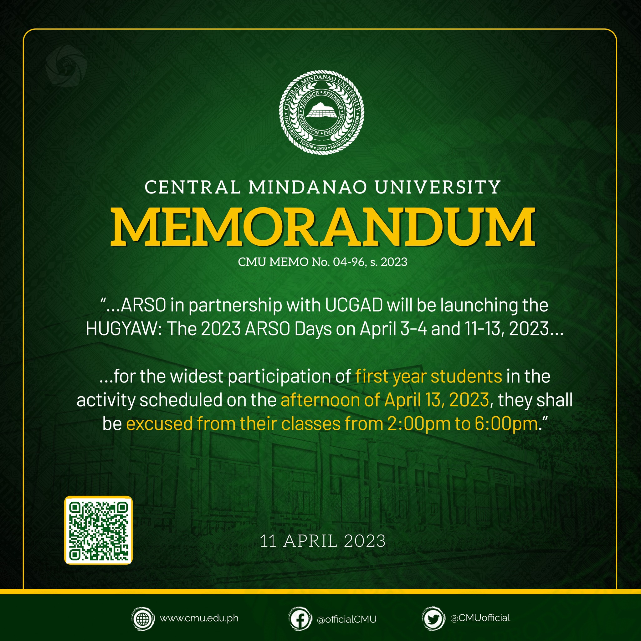 CMU Memo No. 04-96, s. 2023 – Central Mindanao University