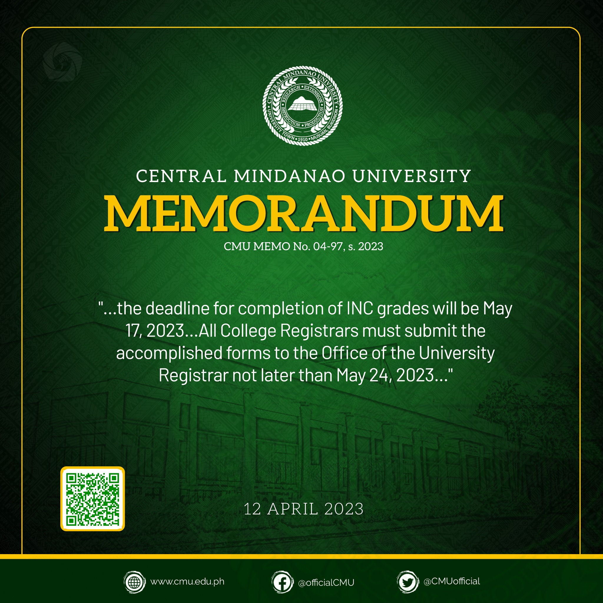 MEMORANDUM CMU MEMO No. 04-97, s. 2023 – Central Mindanao University
