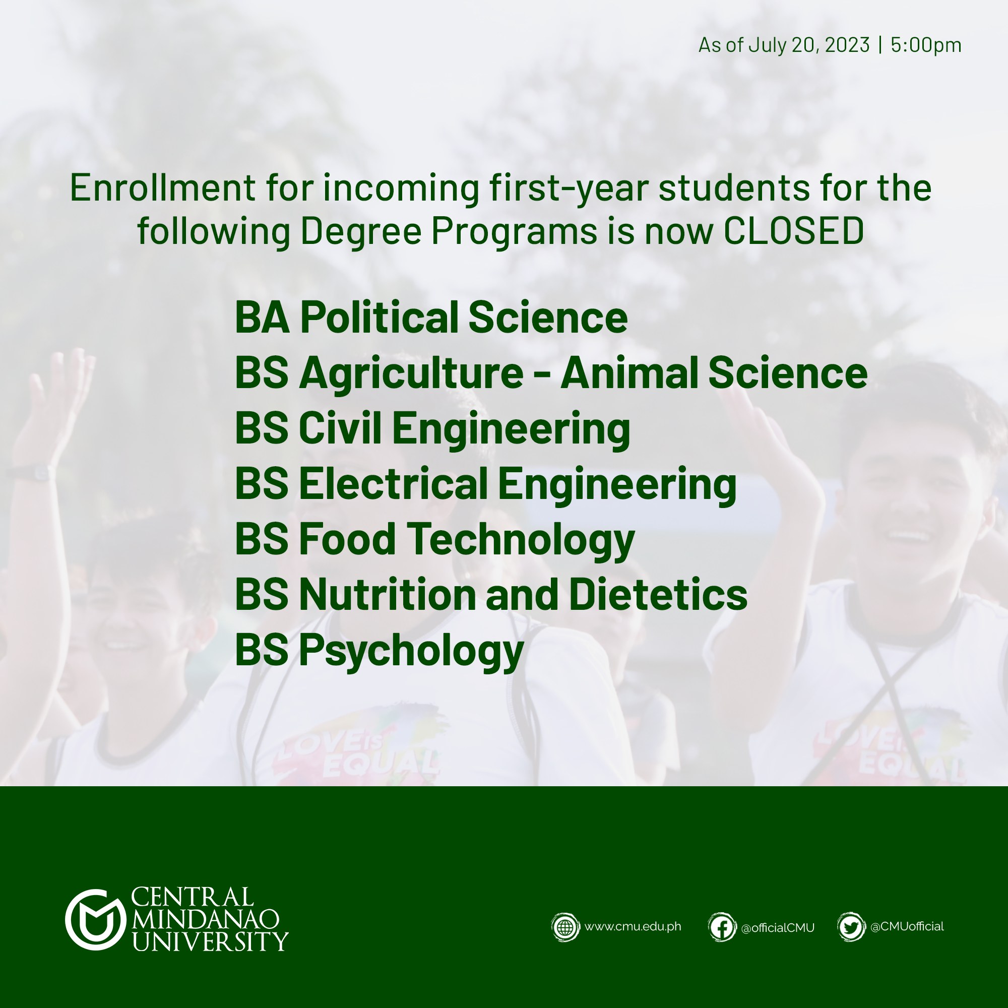 Enrollment Update As of July 20, 2023 – Central Mindanao University