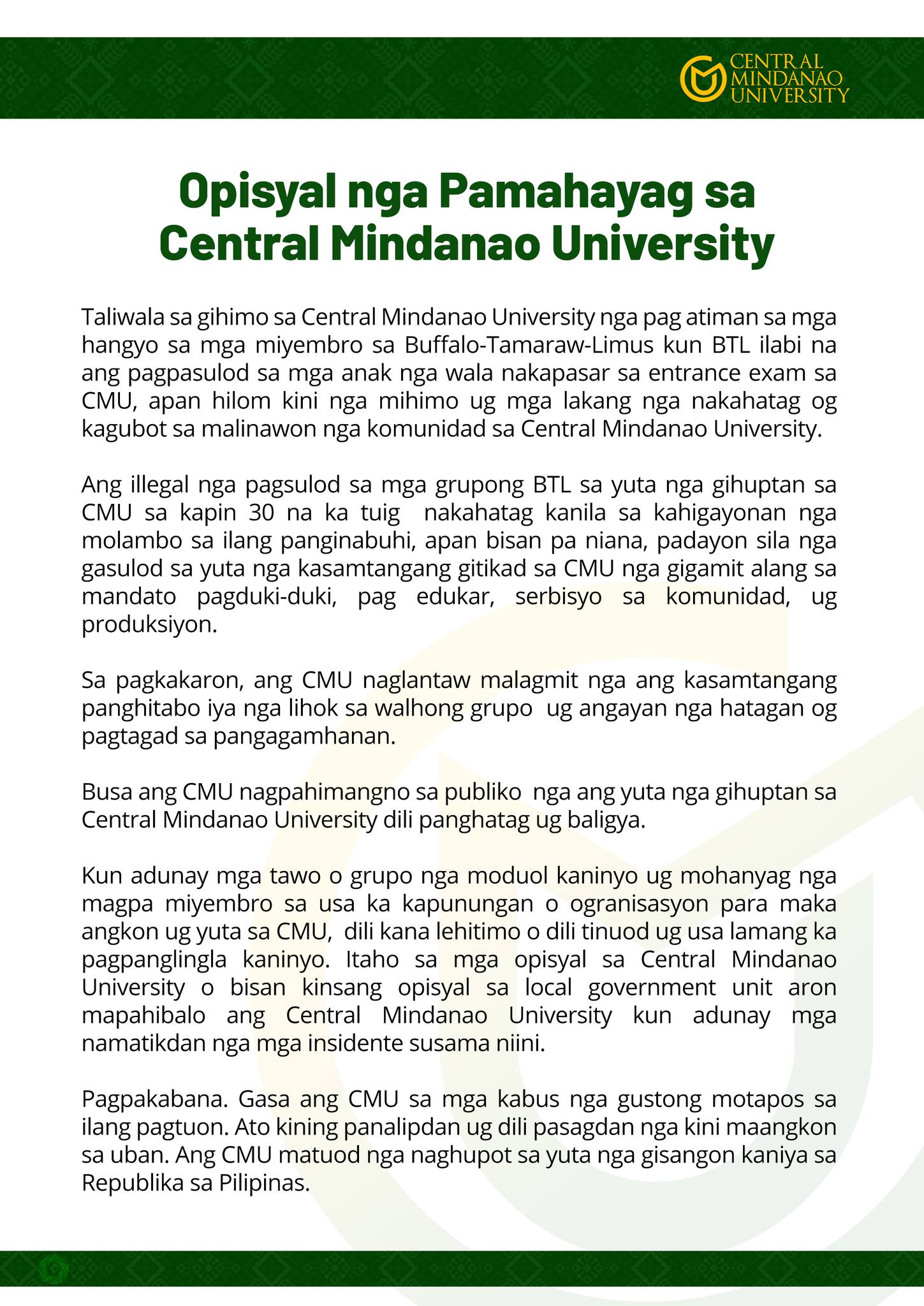 𝗢𝗽𝗶𝘀𝘆𝗮𝗹 𝗻𝗴𝗮 𝗣𝗮𝗺𝗮𝗵𝗮𝘆𝗮𝗴 𝘀𝗮 𝗖𝗲𝗻𝘁𝗿𝗮𝗹 𝗠𝗶𝗻𝗱𝗮𝗻𝗮𝗼 𝗨𝗻𝗶𝘃𝗲𝗿𝘀𝗶𝘁𝘆 – Central Mindanao University