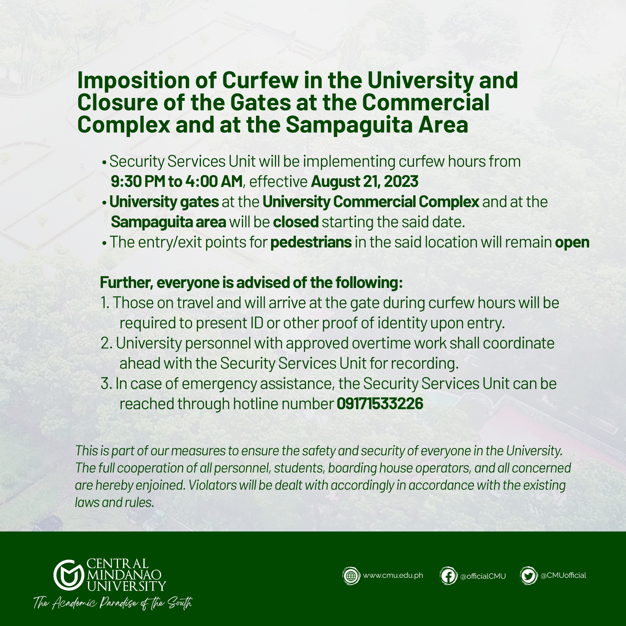 Imposition of Curfew in the University – Central Mindanao University