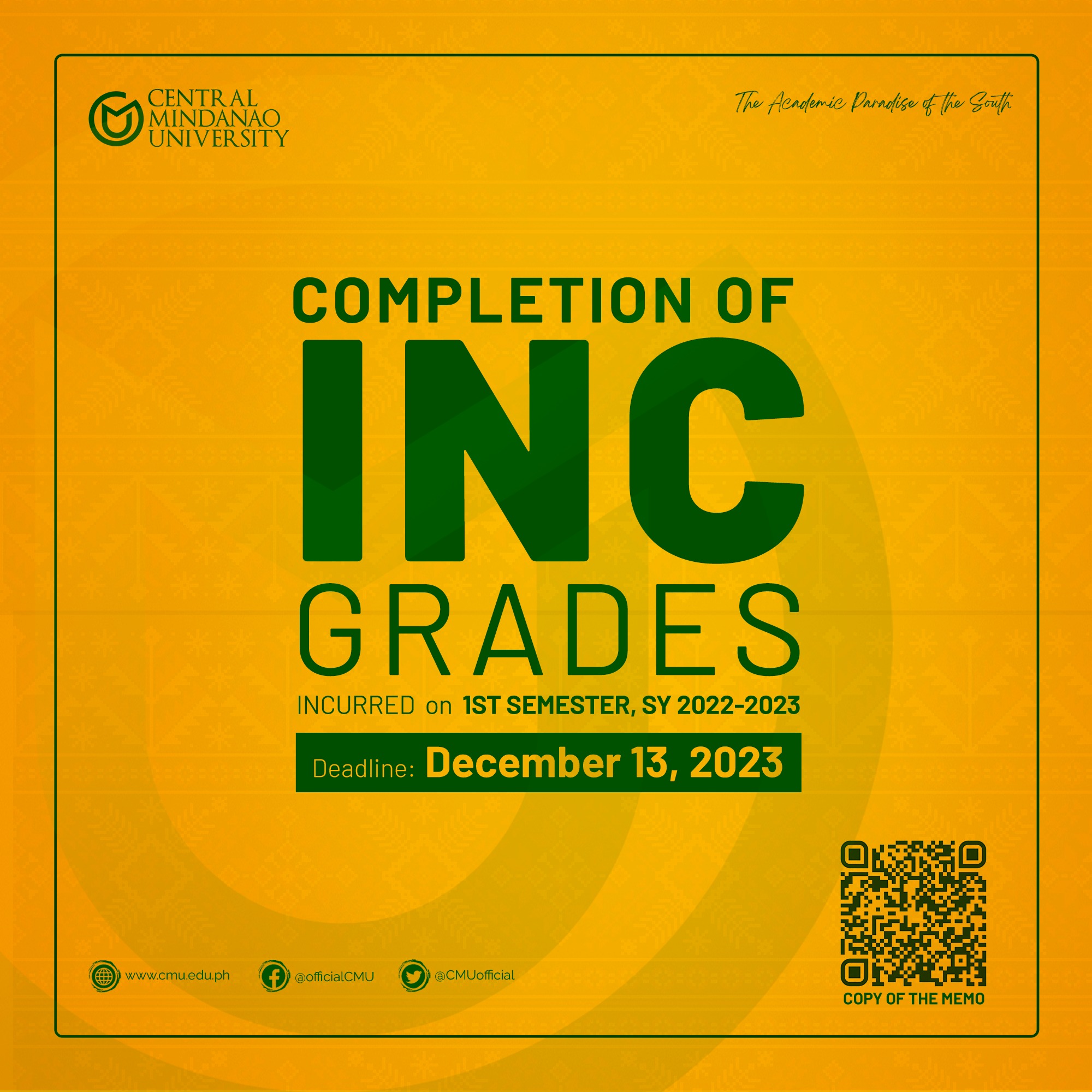 I𝗻𝗰𝗼𝗺𝗽𝗹𝗲𝘁𝗲 G𝗿𝗮𝗱𝗲𝘀 First semester SY 2022-2023 Announcement – Central ...