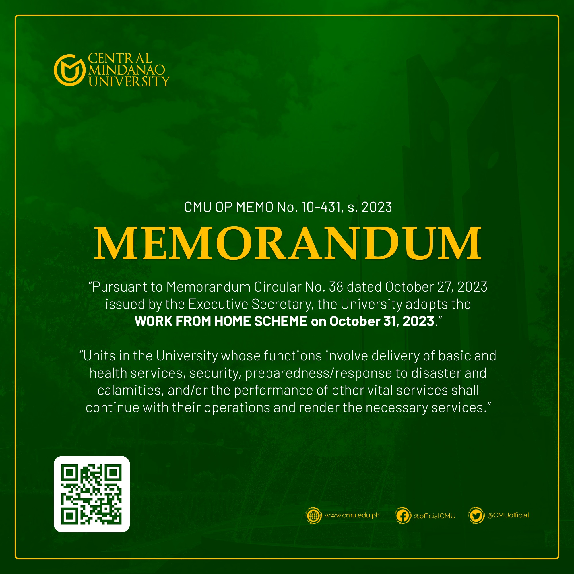 CMU OP MEMO No. 10-431, s. 2023 – Central Mindanao University