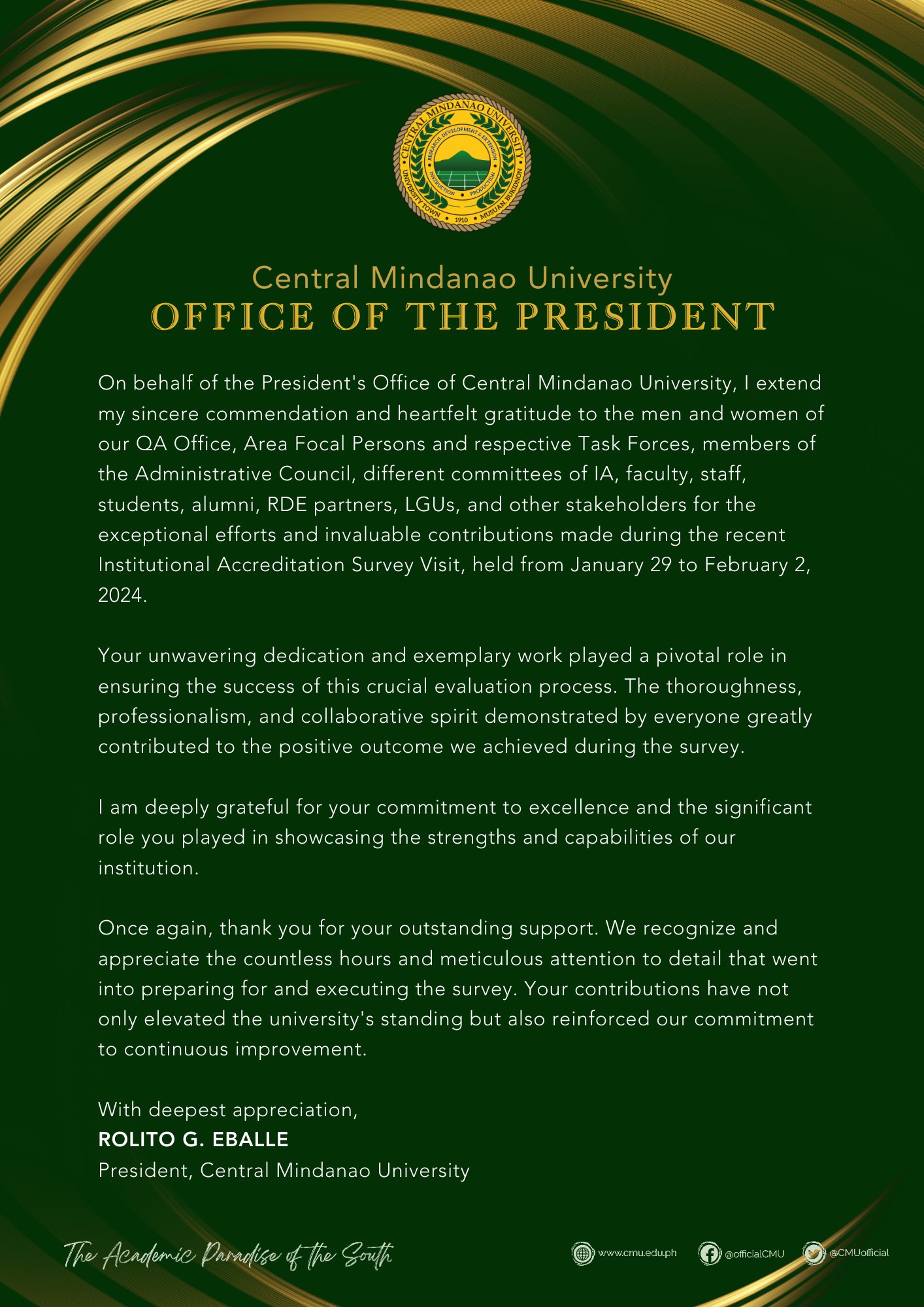 President’s Message [14Feb2024] – Central Mindanao University