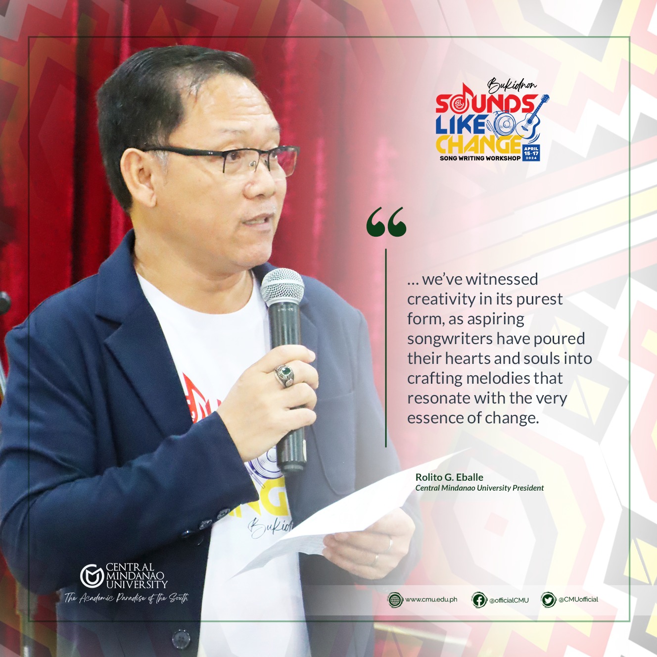 𝑹𝙤𝒍𝙞𝒕𝙤 𝙂. 𝑬𝙗𝒂𝙡𝒍𝙚, 𝑪𝙚𝒏𝙩𝒓𝙖𝒍 𝑴𝙞𝒏𝙙𝒂𝙣𝒂𝙤 𝙐𝒏𝙞𝒗𝙚𝒓𝙨𝒊𝙩𝒚 𝑷𝙧𝒆𝙨𝒊𝙙𝒆𝙣𝒕 – Central Mindanao University