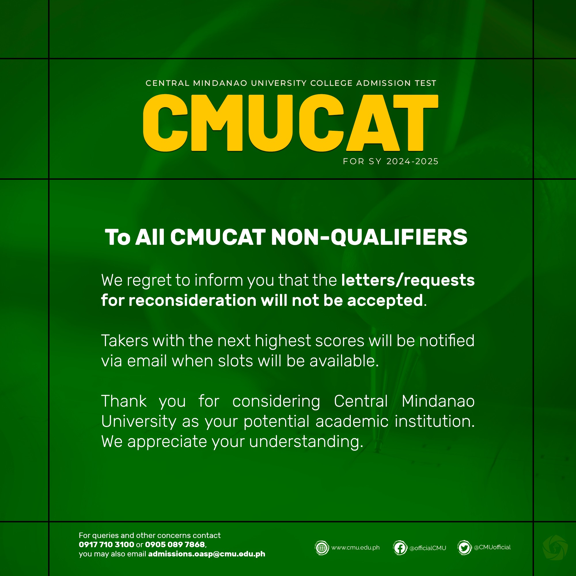 CMUCAT Non-Qualifiers L𝗲𝘁𝘁𝗲𝗿𝘀 or R𝗲𝗾𝘂𝗲𝘀𝘁𝘀 𝗳𝗼𝗿 R𝗲𝗰𝗼𝗻𝘀𝗶𝗱𝗲𝗿𝗮𝘁𝗶𝗼𝗻 𝘄𝗶𝗹𝗹 𝗻𝗼𝘁 ...