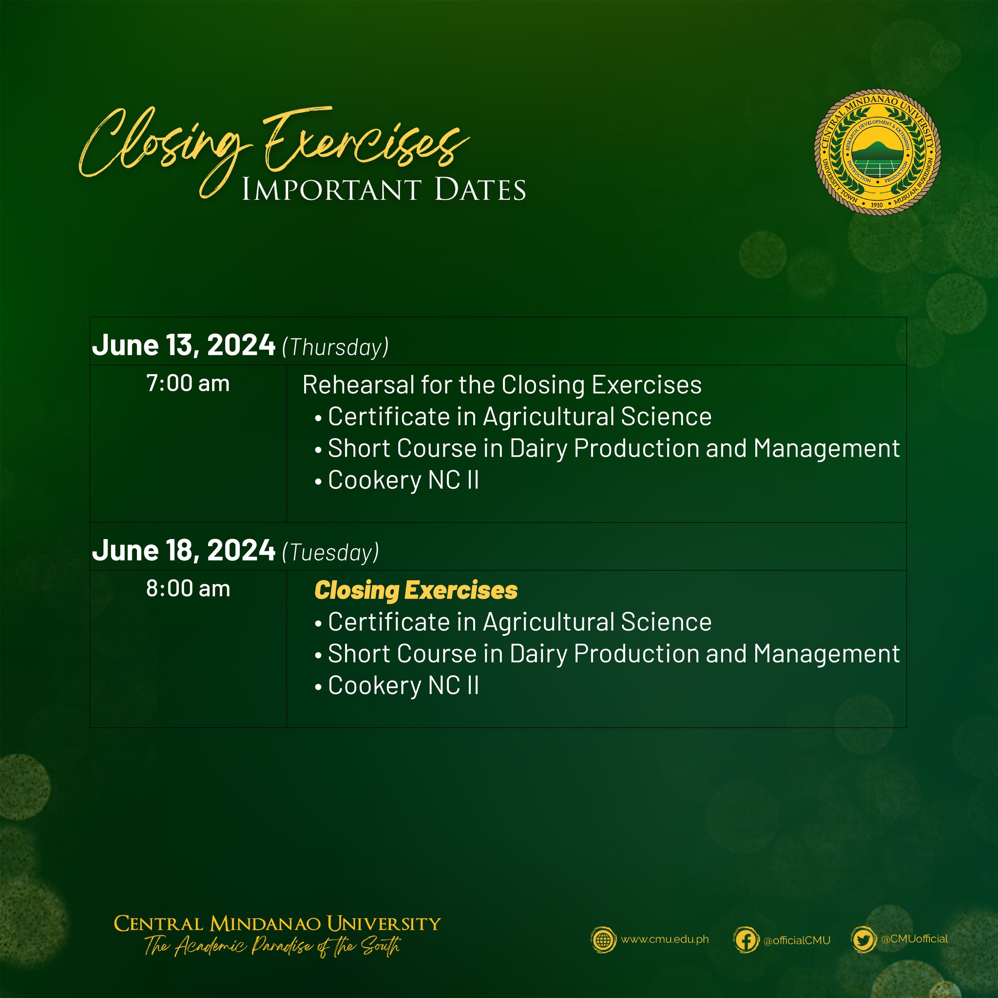 Central Mindanao University’s Closing Exercises June 2024 – Central ...