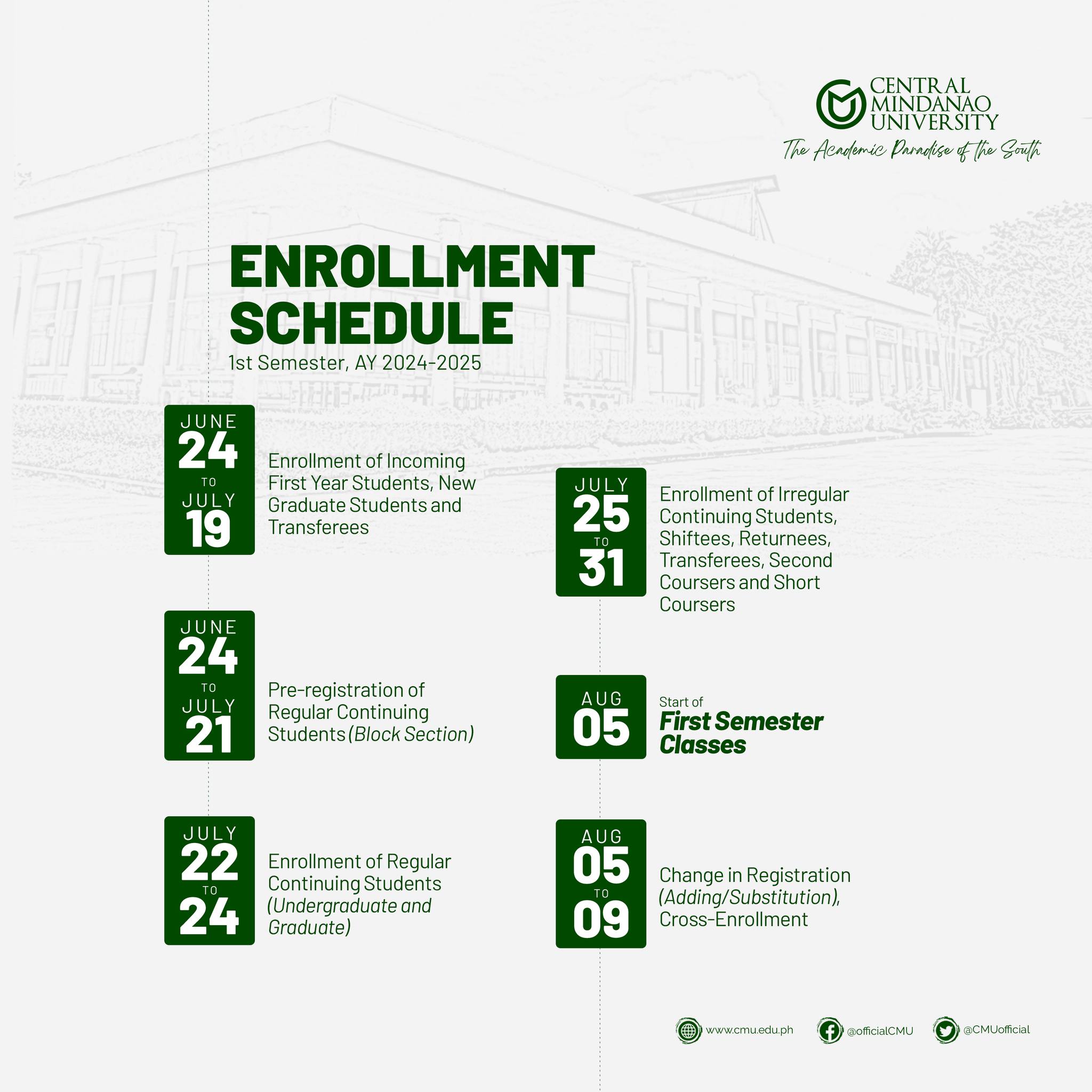 AY 2024-2025 Enrollment Schedule – Central Mindanao University