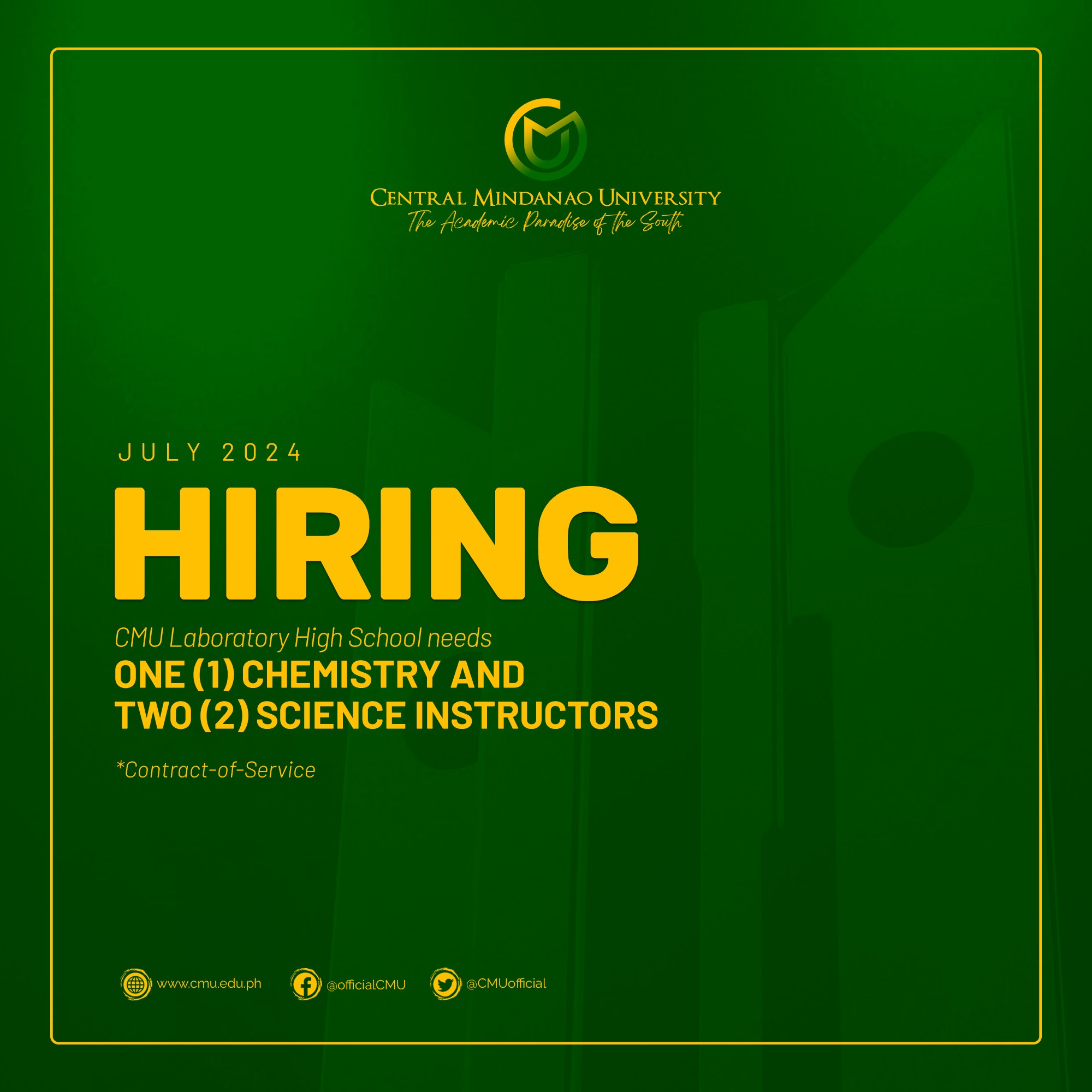 Central Mindanao University Laboratory High School needs one Chemistry ...