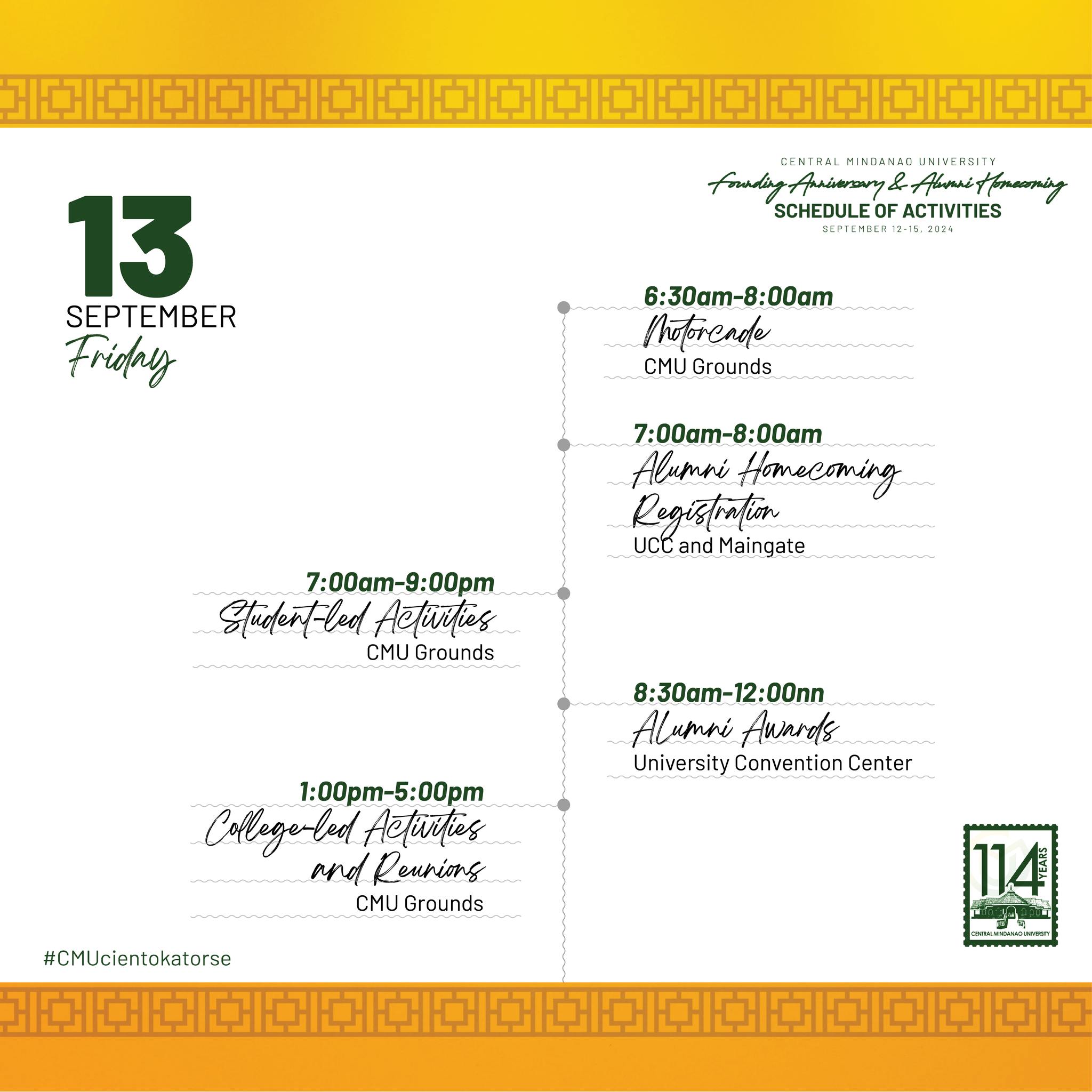 Schedule of Activities for CMU’s 114th Founding Anniversary and Alumni ...