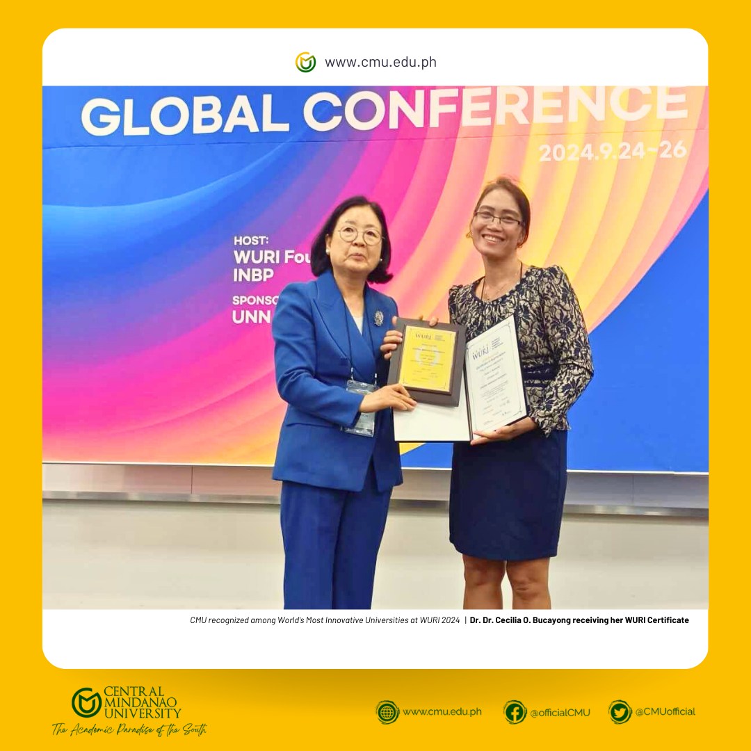 𝗖𝗠𝗨 𝗿𝗲𝗰𝗼𝗴𝗻𝗶𝘇𝗲𝗱 𝗮𝗺𝗼𝗻𝗴 𝗪𝗼𝗿𝗹𝗱’𝘀 𝗠𝗼𝘀𝘁 𝗜𝗻𝗻𝗼𝘃𝗮𝘁𝗶𝘃𝗲 𝗨𝗻𝗶𝘃𝗲𝗿𝘀𝗶𝘁𝗶𝗲𝘀 𝗮𝘁 𝗪𝗨𝗥𝗜 𝟮𝟬𝟮𝟰 – Central Mindanao University